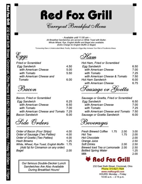 Carry Out Menu | Red Fox Grill | Red Fox Grill
