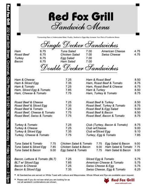 Carry Out Menu | Red Fox Grill | Red Fox Grill