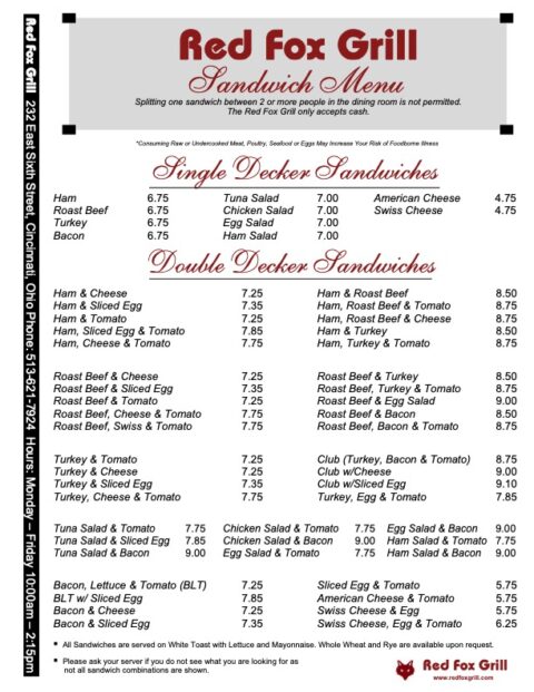 Dining Room Menu | Red Fox Grill | Red Fox Grill